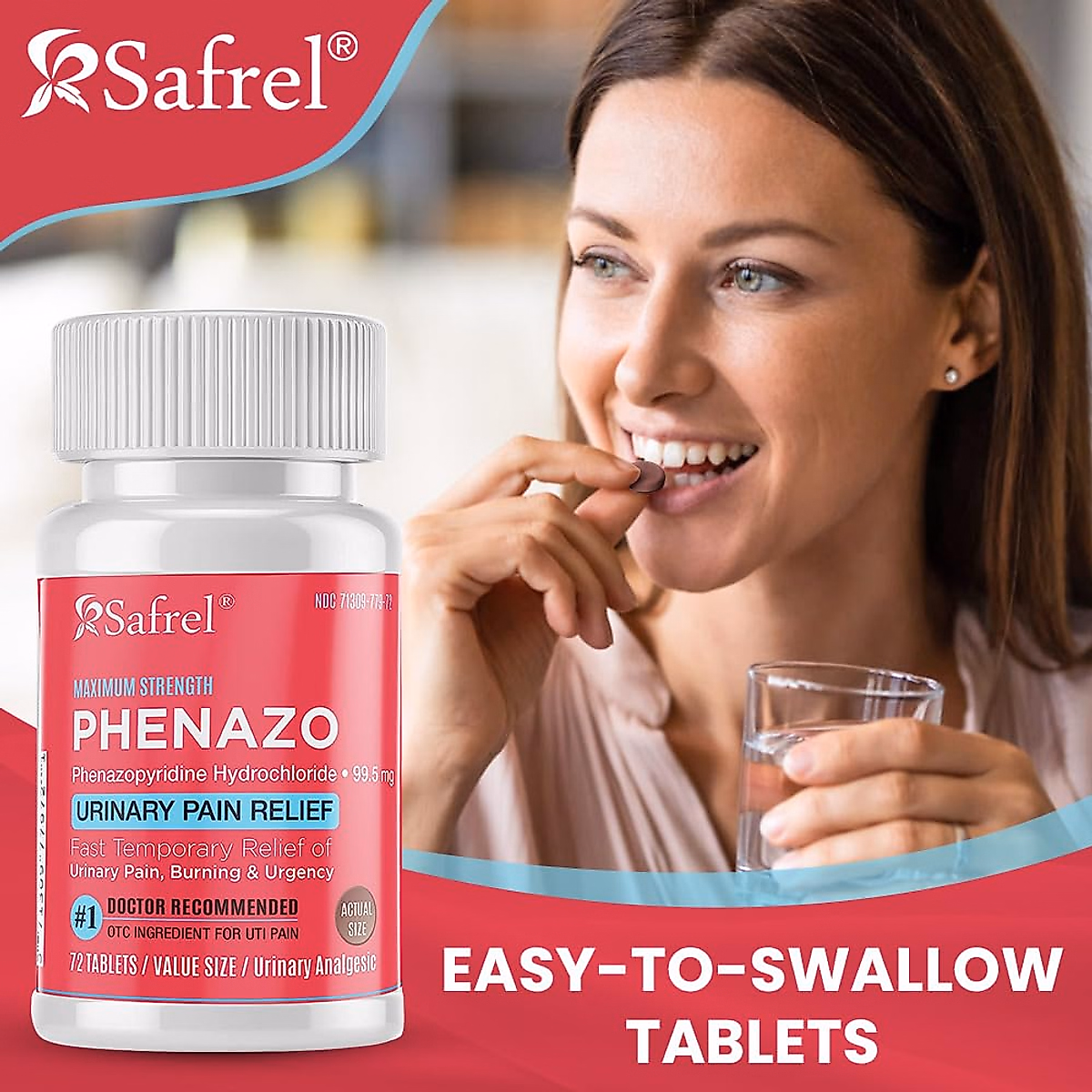 Safrel Urinary Relief - 72 Tablets, 99.5mg Phenazopyridine HCl - Fast-Acting UTI Relief for Bladder Discomfort & Pain - Adults & Children-1-Pack