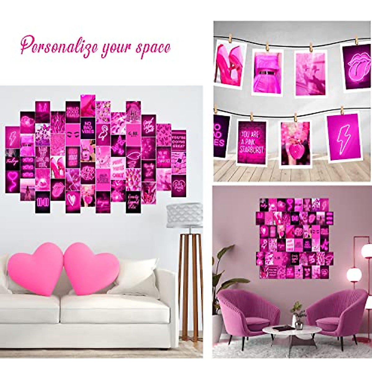 Woonkit Pink Neon Wall Collage Kit Aesthetic Pictures, Trendy Room Decor for Teen Girls, Pink Collage Kit, Hot Pink Room Decor, Pink Room Decor Aesthetic, Hot Pink Wall Decor, 50pcs 4x6 Inch