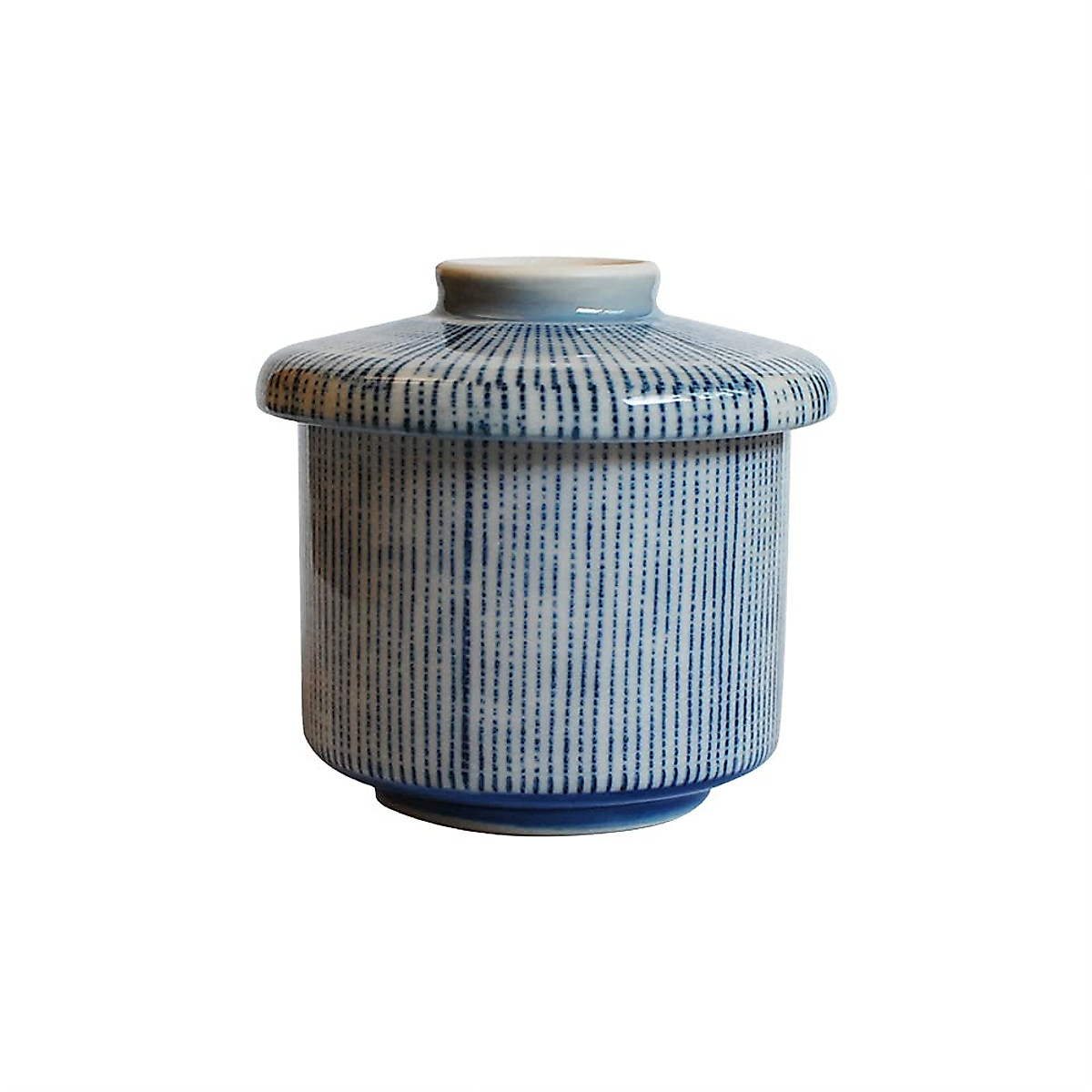 IPPINKA Japanese Porcelain Chawanmushi Cup with Lid, Seto-mono, Made in Japan, 105cc, Blue Hakeme Stripe