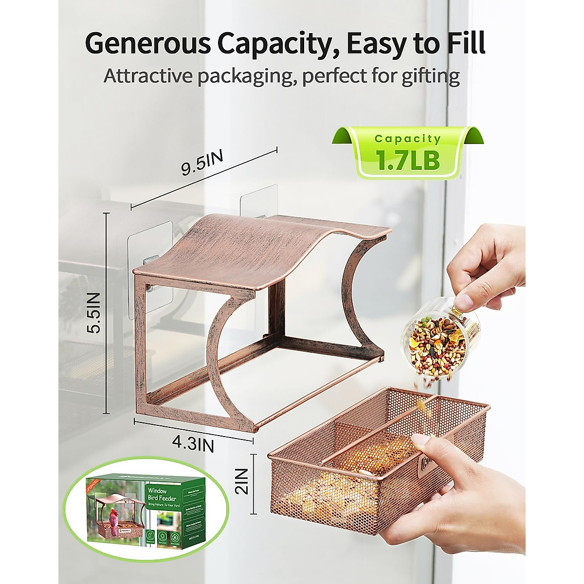 Window Bird Feeder, Desgully Metal Window Bird Feeder, Window Bird Feeders with Strong Suction Cups, Super Adhesive Sheet×4，Large Outdoor Bird Feeder, Bird Watching Gift (Curved)