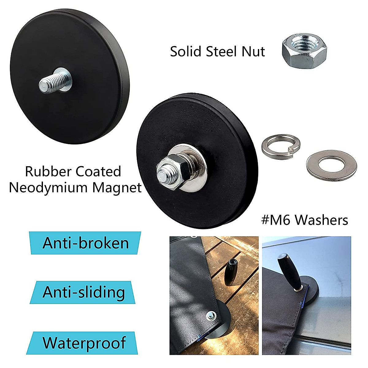 ULIBERMAGNET 4Pack Rubber Coated Neodymium Magnets, Strong 24LB M6 Male Thread Stud, Anti-Scratch Mounting Magnets with Stud for Mounting led Lighting, Fixtures, Holding Tools and Organiazation