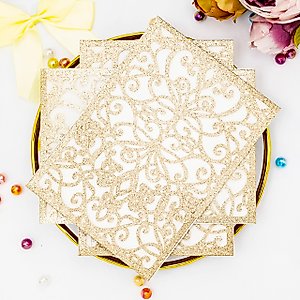 Builcker 20PCS Set Laser Cutting Gold Glitter Invitation Card Greeting Card Graduation Party Wedding Birthday Party Hollow Invitations Flip Invitation Pocket With Envelope (Gold Glitter)