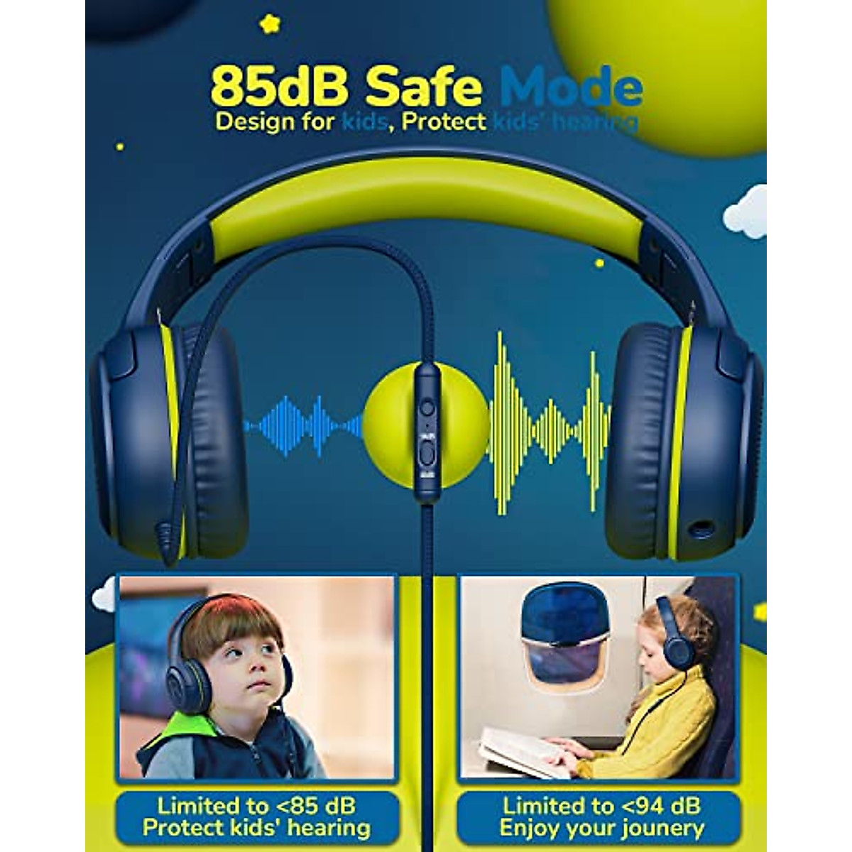 Kids Headphones for School Toddler Wired with Microphone Plug in Bulk Boys Headset Girls 3+ Year Old Blue Green shareport Phones Teen Volume Control Airplane Two People Childrens Babies Over Ear