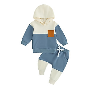 VISGOGO Baby Boy Clothes 3 6 Months,Toddler Hooded Outfits 12 18M Sweater Sweatpants Fall Winter Infant Clothing (Beige Blue, 0-6 Months)