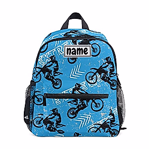 Glaphy Custom Kid's Name Backpack, Motocross Sports Motorcycle Vehicle Blue Toddler Backpack for Daycare Travel Personalized Name Preschool Bookbag for Boys Girls