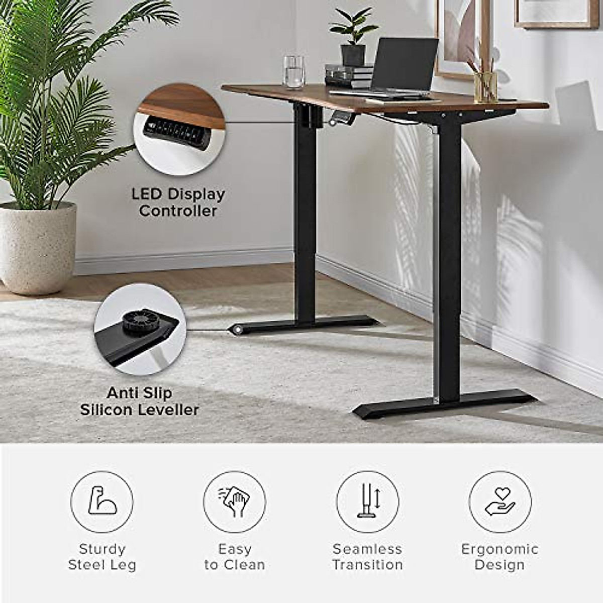 mopio Solid Wood Sterling Electric Height Adjustable Standing Desk, Sit Stand Desk Workstation, 3 Adjustable Memory Setting and Stand Alarm 100% Solid Wood (Walnut, 53")