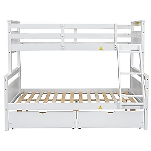 Merax Twin Over Full Bunk Bed, Kids Bedroom White Wooden Bunk Bed Frame, Convertible to 2 Separated Beds with 2 Big Drawers, Ladder & Guardrail for Teens, Wood Slat Support, Easy Assembly, White