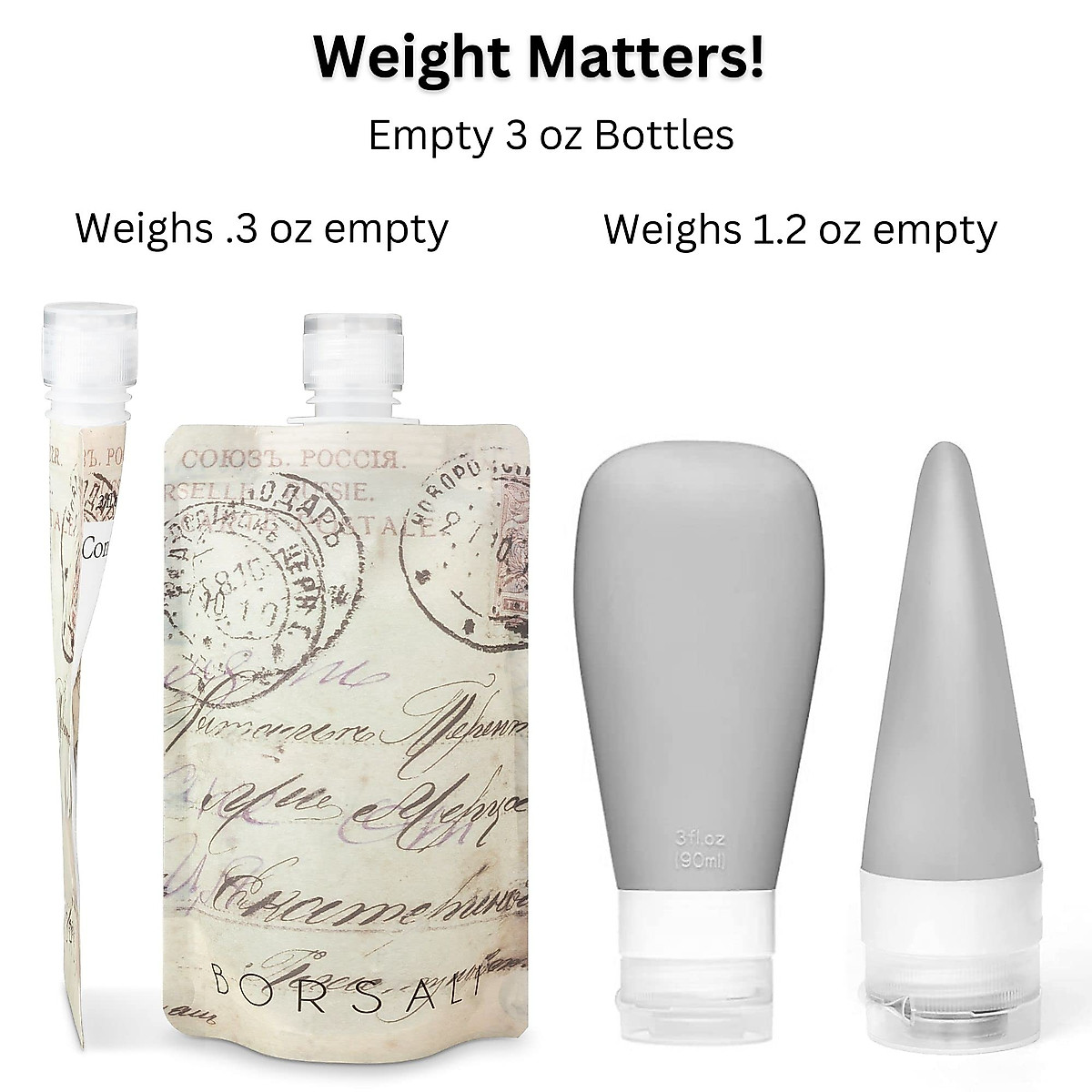 BORSALI Travel Bottles for Toiletries, TSA Approved 3 oz Travel Size Containers for Liquids, Flat Refillable Empty Squeeze Pouches for Shampoo & Conditioner, 18 Piece Set with TSA Approved Bag - Taupe