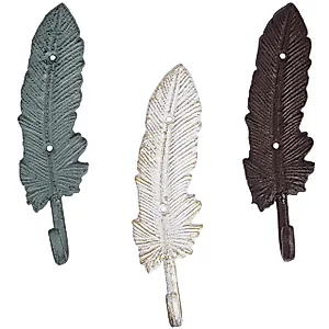 Stephanie Imports Decorative Rustic Iron Feathers Wall Coat Hooks (Set of 3)