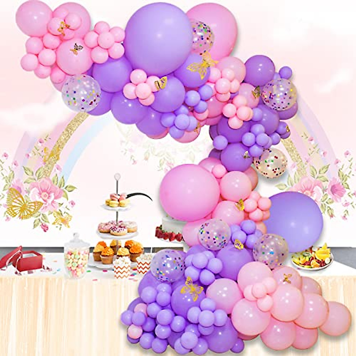 Pastel Pink Purple Balloon Garland Arch Kit 129 Piece Butterfly Theme Balloon Arch with Confetti Latex Balloons for Girls Women Birthday Baby Bridal Shower Wedding Party Decoration