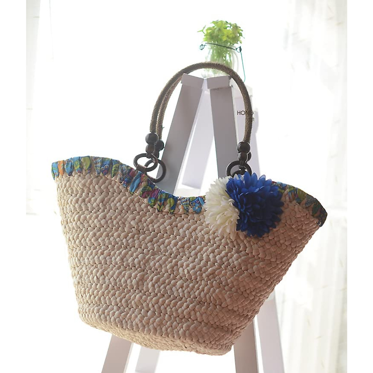 Natural Woven Straw Tote Handbag with Tassels and Pom Pom