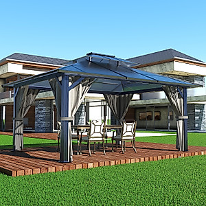 MUPATER Outdoor 10' x 13' Polycarbonate Hardtop Gazebo with Aluminum Frame, Double Roof Canopy, Netting and Curtainsfor Patios, Deck, Lawns, Gardens and Pools