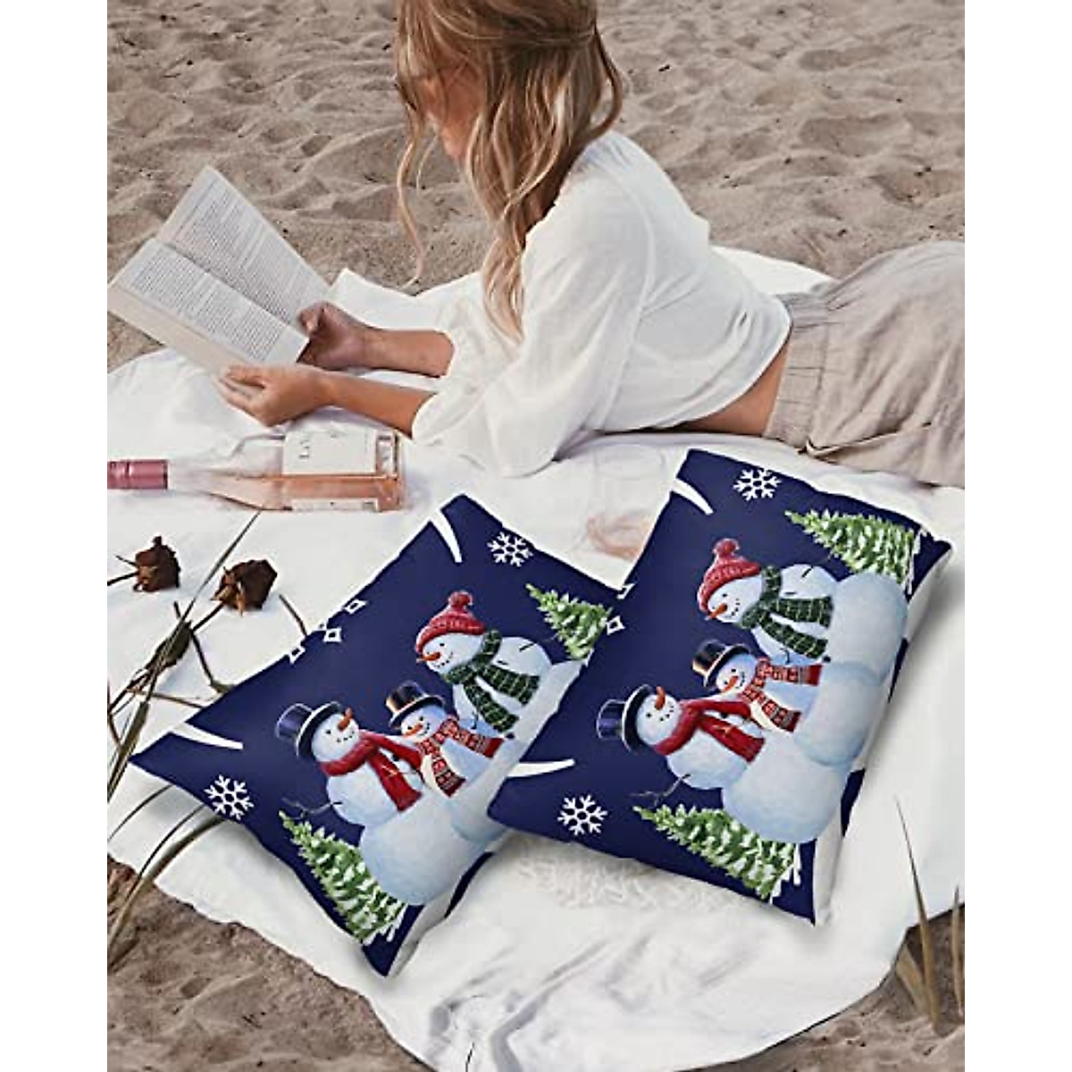 Outdoor Throw Pillow Covers Waterproof Pillow Cases 20x12In,Snowman Family Christmas Tree Snowflake Decorative Pillow Covers Cushion Cases for Couch Sofa Patio Garden,2 Pack Winter Snow Night