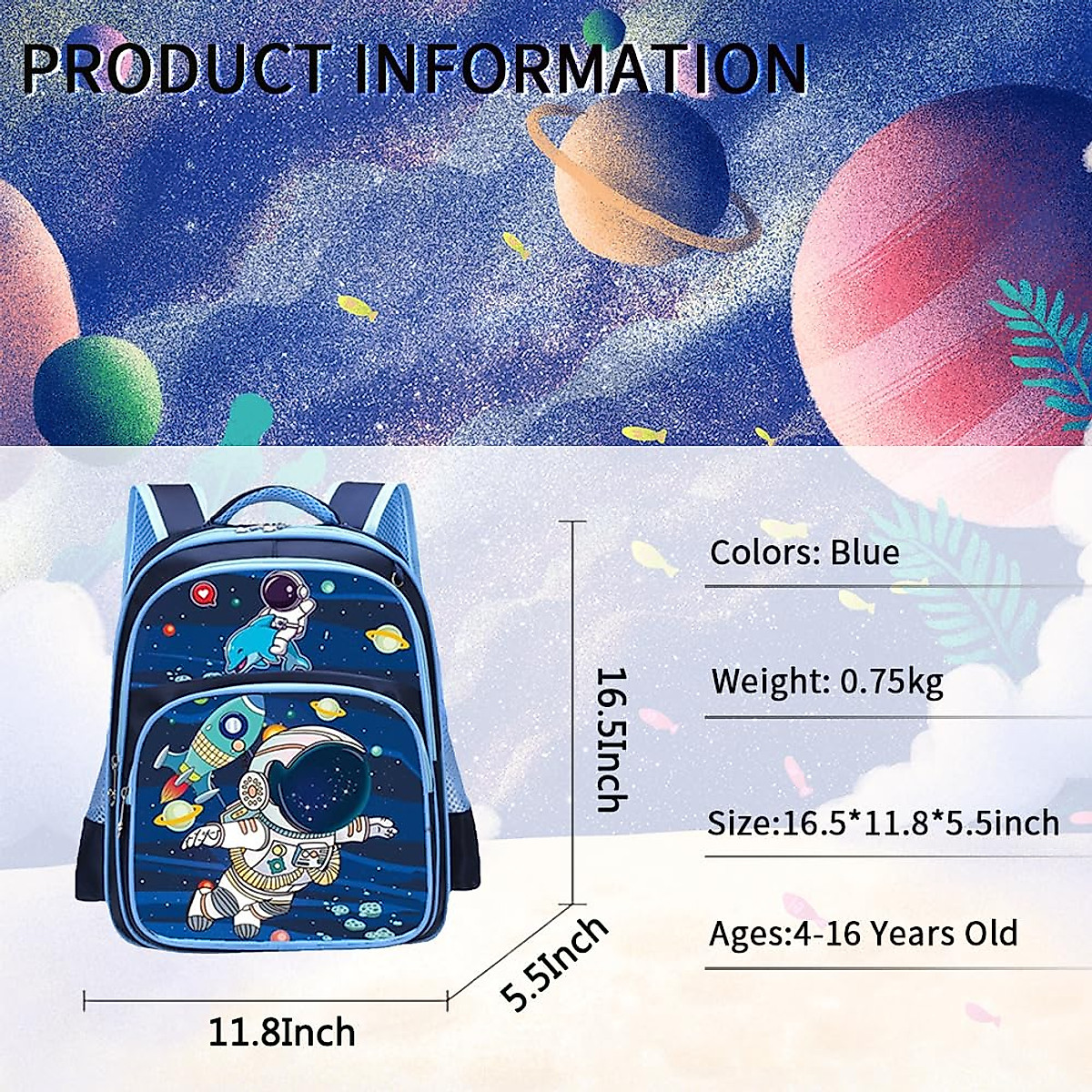 YUNYINIE Travel Backpack for School, Kids Backpack Boys Girls, Space Astronaut Preschool Backpack School Supplies for Kids, 16.5Inch