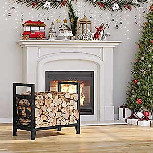 Timechee Firewood Log Rack Holder, Wrought Iron Fireplace Bin Log Rack with Adjustable Foot Pads, Heavy Duty Log Carrier Rack Storage Bin for Firepit Stove Indoor (Deer)