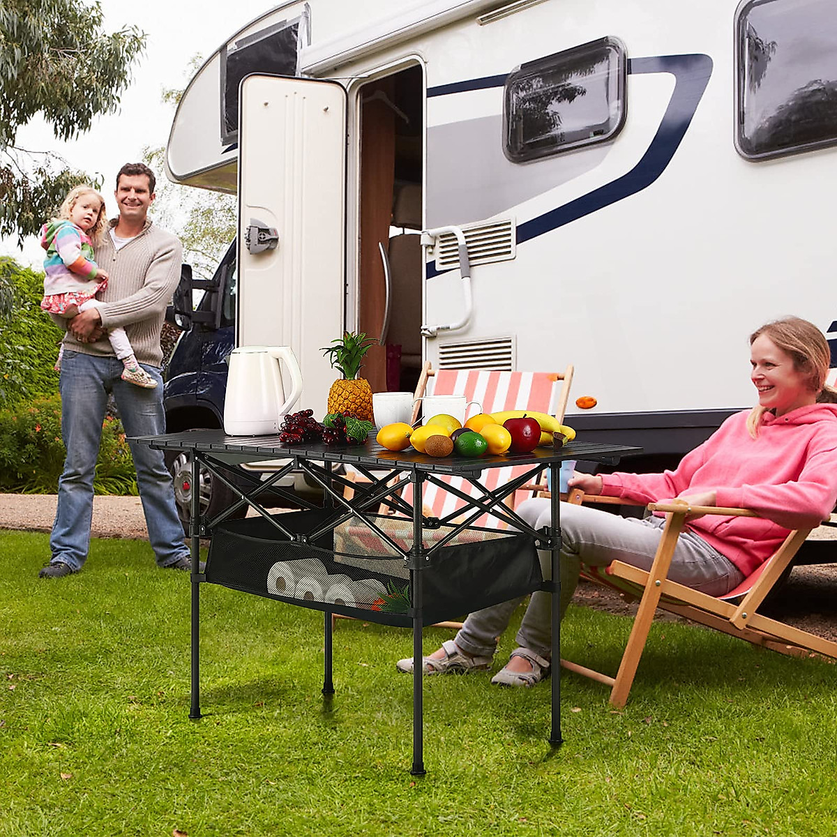 Vrisa Camping Table with Storage Outdoor Cooking Table Folding Table for Parties Bar Height Portable Camping Table with Mesh Basket & Carrying Bag for Camping Kitchen Picnic BBQ Party