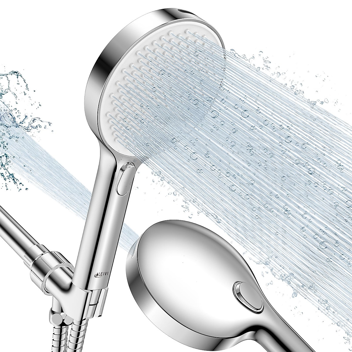 LEIVI High Pressure Shower Head, 4-mode Handheld Showerheads with 70 Inch Stainless Steel Hose, Built-in Power Wash to Clean Tub, Tile & Pets, Anti-clog Nozzles, Adjustable Bracket, Chrome