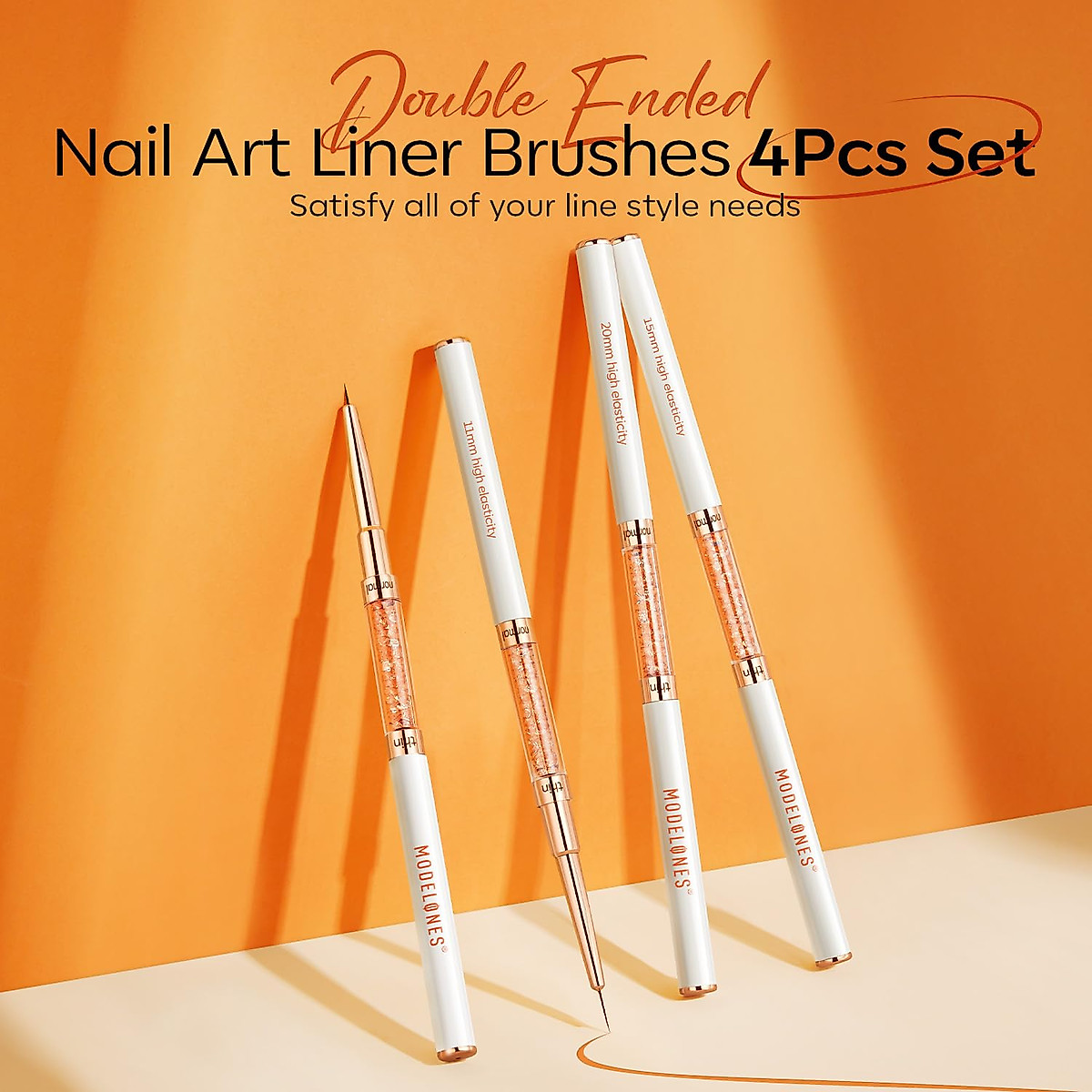 modelones Nail Art Brushes, Super Fine Liner Nail Brush Kit Sizes 7/11/15/20mm for Gel Polish Thin Lines, Precise Details, Fine Drawing Painting Design Acrylic Rhinestone Handle Salon & DIY Use