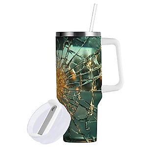 Jihqo Broken Windshield Print 40 oz Stainless Steel Vacuum Insulated Tumbler with Handle and Straw Lid, Leakproof Water Bottle Double Wall Travel Mug Coffee Cup, Cupholder Friendly