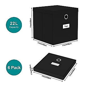 Pezin & Hulin Collapsible Fabric Storage Cubes with Lids, Foldable Cube Storage Bins for Closet Organzier, Lidded Home Storage Boxes with Label Cards, 6-Pack, Black (11×11×11 inches)