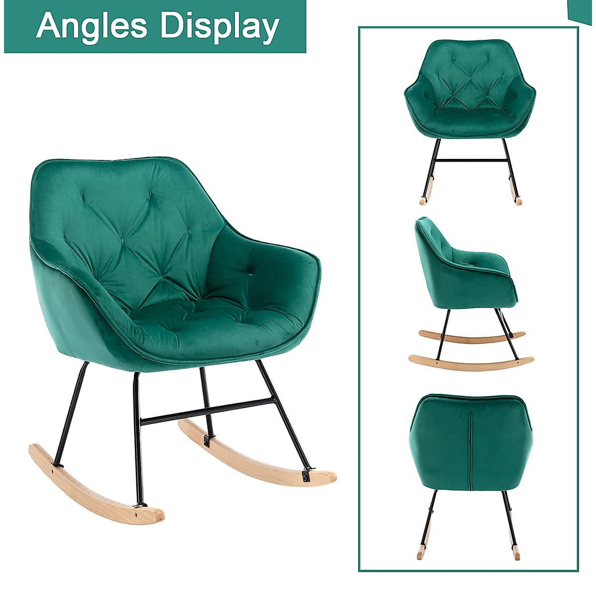 Compact Velvet Rocking Chair, Comfy Accent Rocker Chair for Babies Nursery, Upholstered Glider for Bedroom, Living Room (Emerald Green)