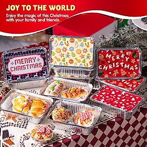 JOYIN 48 Pieces Christmas Foil Containers with Lids, 8 Holiday Designs, 7"x5"x2" Rectangular Treat Foil Containers, Disposable Food Storage Pan for Holiday Leftovers Goodie Container
