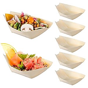 HEMOTON 50PCS Wooden Sushi Serving Tray Boat Plate Japanese Sashimi Serving Plate Tray Platter Snack Dish Fast Food Boat Basket Tealight Holder for Home Restaurant (6X4X2cm)