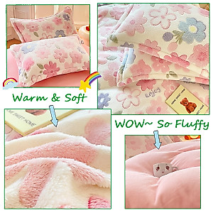 KASBLUEL Bedding Sets, Pink Rabbit Duvet Cover Aesthetic Comforter Covers Ultra Fluffy Blanket Soft Cute Kawaii Bed Set for Toddler Teen Kids Girls Women (Pink Flowers, Twin)