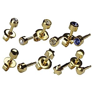 Ear Piercing Earrings 6 Pairs of 4mm 16ga Thick Post Gold Studs and 6 each ear aftercare gels Hypoallergenic