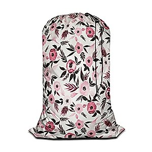 Swono Watercolor Sketch Poppy Large Laundry Bag Washable Large Dirty Clothes, Leaf Repeating Pattern Drawstring Organizer Bag, Fit Hamper Basket Camp Travel Home Dorm, Pink Black
