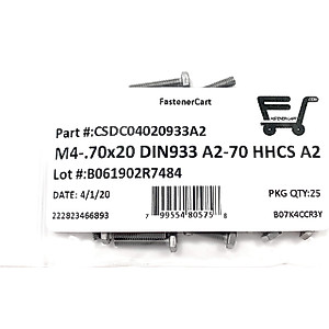 M4-.70 X 20 Hex Head Cap Screw Hex Bolts DIN933 (M4x20) Full Thread A2-70 Stainless Steel (25 Pieces)