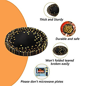 Birthdayparties Black and Gold Paper Plates 7 inch, Foil Polka Dots Disposable Paper Plates Golden Dots Party Supplies Plates 50 Pack