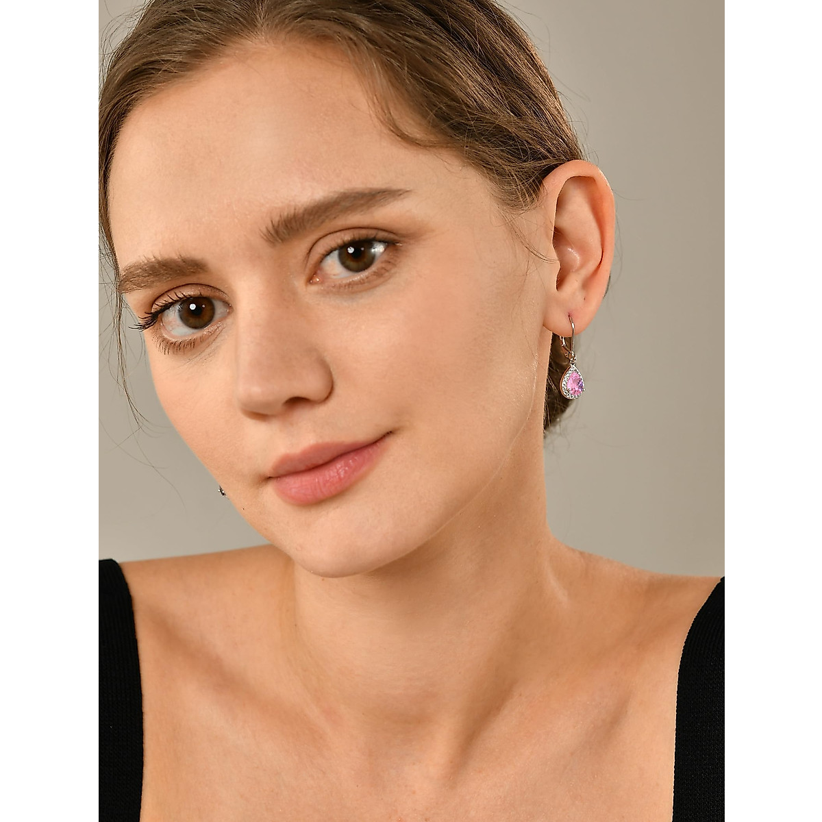 YL Women's Dangle Drop Earrings Sterling Silver Solitaire Leverback Earrings Halo Teardrop Created Pink Tourmaline Jewelry Gifts