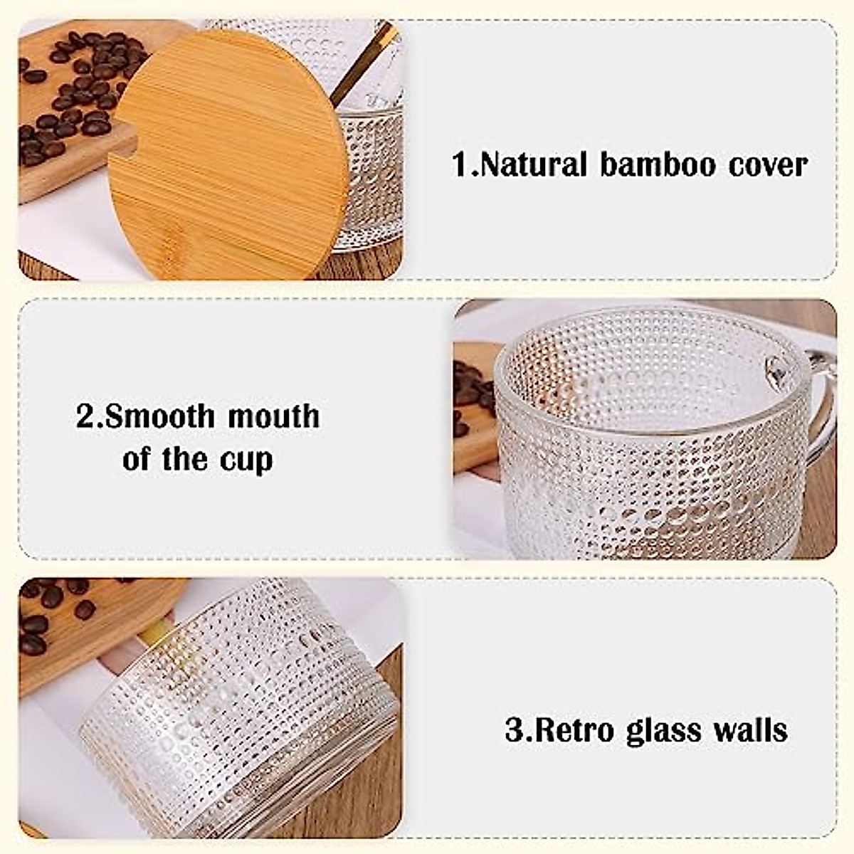 Moretoes 6pcs 14oz Glass Vintage Coffee Mugs Set, Glass Iced Coffee Cups with lids and Spoons, Clear Embossed Aesthetic Mugs Cute Drinking Glasses for Latte, Cappuccino, Oat