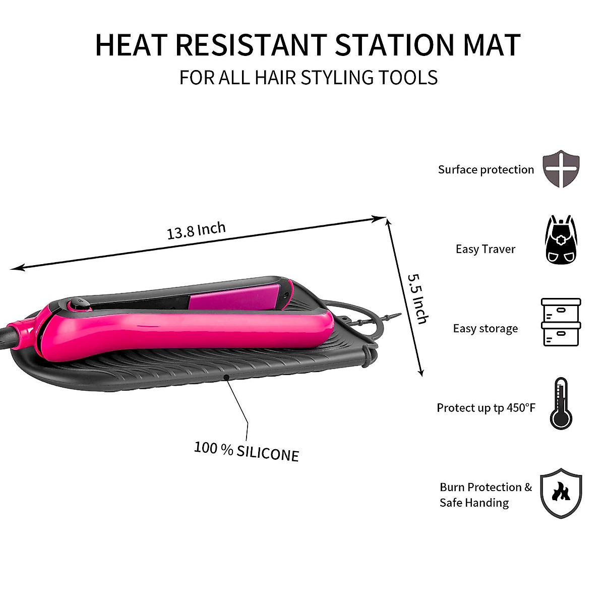 ZAXOP Silicone Heat Resistant Holder Mat Pouch for Flat Iron,Curling Iron,Hot Hair Tools(Black)