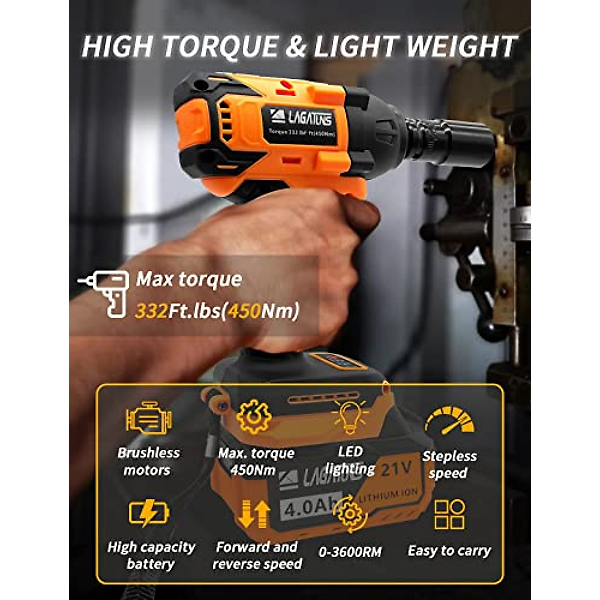 Cordless Impact Wrench,450NM(332ft·lbs) High Torque ，Brushless Motor，1/2 inch impact gun with a 4.0Ah Li-Ion Battery, Suitable for family cars…
