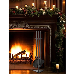 VODA Fireplace Tools Set, 4 Pcs 22.8 Inch Fireplace Tools Black Cast Iron Small Outdoor/Indoor Fireplace Accessories with Poker, Shovel, Broom, Fireplace Tool Stand