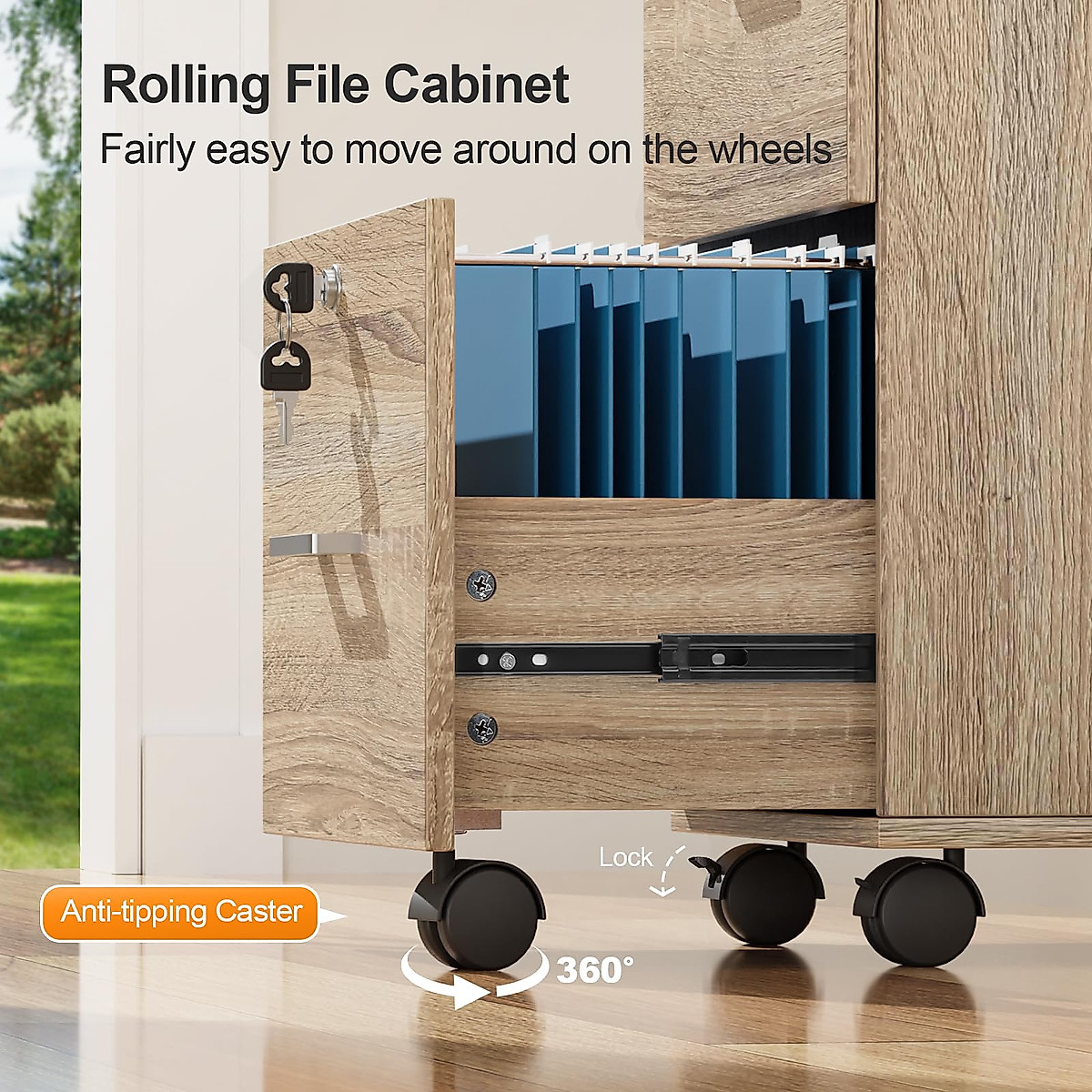 VINGLI Mobile 3 Drawer File Cabinets for Under Desk, Wooden Filing Cabinets for Home Office, Printer Stand & File Cabinet with Lock, 26-in H(Caster Included), Oak