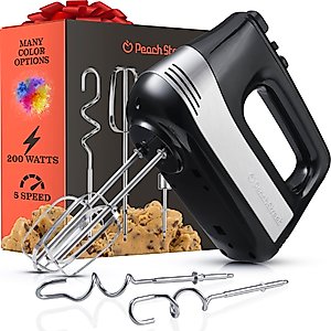 Powerful Electric Kitchen Hand Mixer, 200 Watts, 5 Speed Food Handheld Mixer, with Turbo Button, Dough, Whisk and Beater Attachments, and Accessory Bin, for Dough, Eggs, Batter, (White)