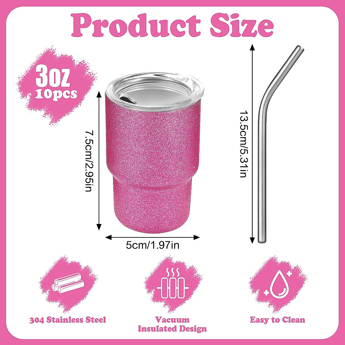 Needbrock 10 Pcs Mini Tumbler Shot Glass with Straw, 3oz Sublimation Shot Glass Tumblers Set Stainless Steel Double Wall Vacuum Insulated Shot Glasses Cups for Cocktail Coffee Whiskey Beer