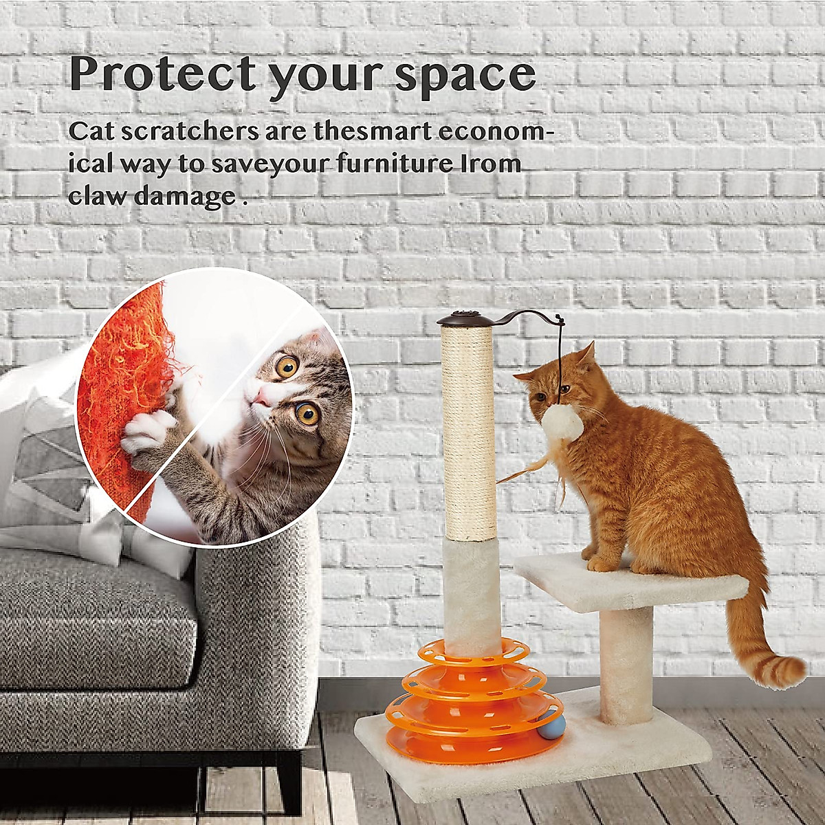 PEEKAB Tall Cat Scratching Post Kitten Sisal Scratcher Tree with Cat Tracks Toy Balls for Indoor Cats and Kittens - 25 inches