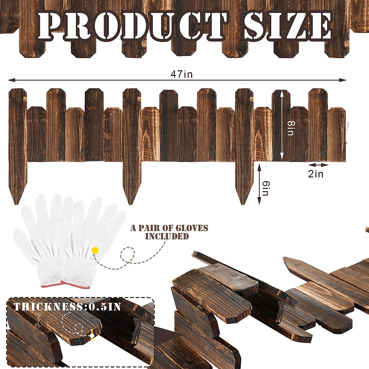 Bucherry 1 Pc Wood Garden Edging Border No Dig Landscape Edging Anti Corrosive Lawn Picket Fence with Gloves Decorative Flower Bed for Yard Patio Pathway Tree Outdoor 7.9 x 47 Inches