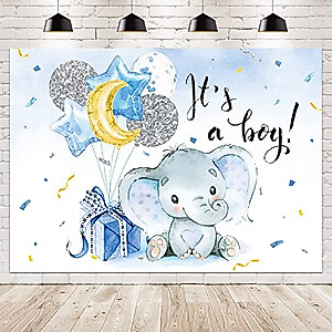 Newsely Boy Elephant Baby Shower Backdrop 7Wx5H Photography It's a Boy Blue and Silver Balloons Animal Background Star and Moon Gifts Party Decorations Banner Photo Booth Props Birthday Supplies