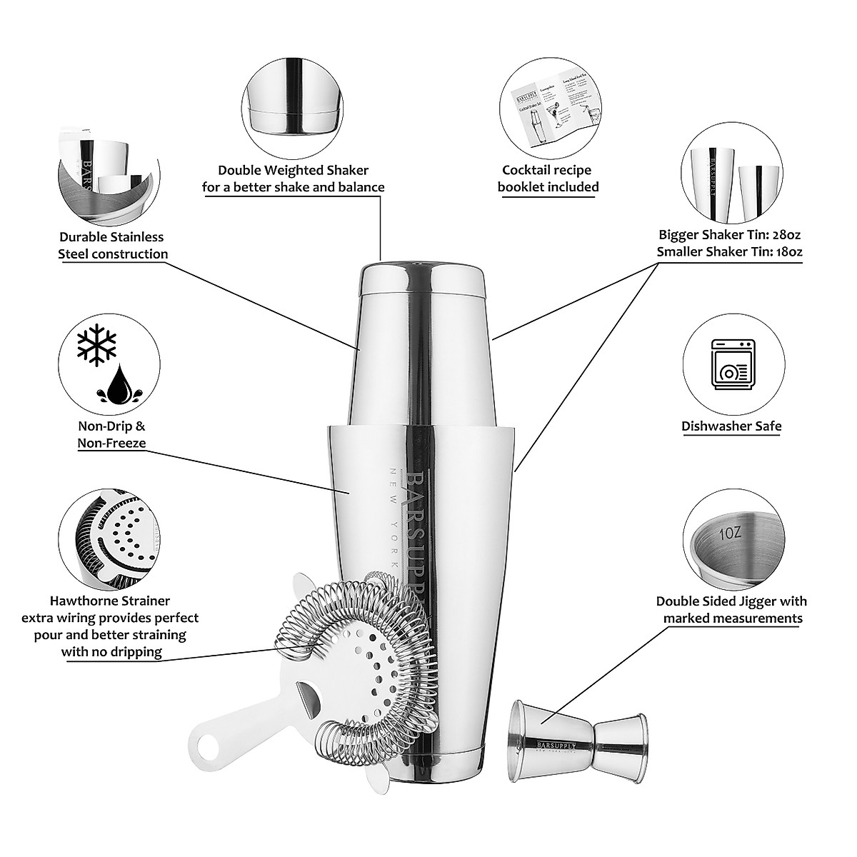 Professional Boston Cocktail Shaker Set | 4-Piece Bar Set | Stainless Steel 304 | 28oz/18oz Weighted Shaker Tins | Hawthorne Strainer | Double Sided Jigger | Recipe Booklet | Bartender Kit (Silver)