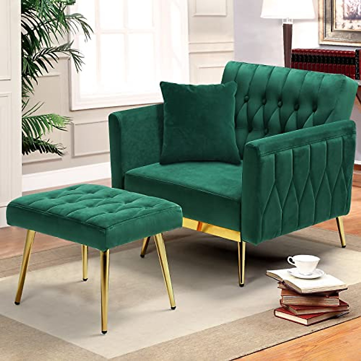 ACMEASE Velvet Accent Chair with Adjustable Armrests and Backrest, Button Tufted Lounge Chair, Single Recliner Armchair with Ottoman and Pillow for Living Room, Bedroom, Green