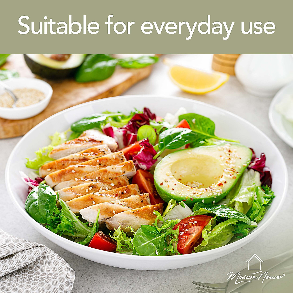 Maison Neuve Premium Porcelain White Dinner Bowls [Set of 4]- 40oz Dinnerware Kitchen Bowls For Soups, Noodles, Pasta, Salads, Desserts- Durable Dishwasher-Safe 9” Serving Bowls- Super White