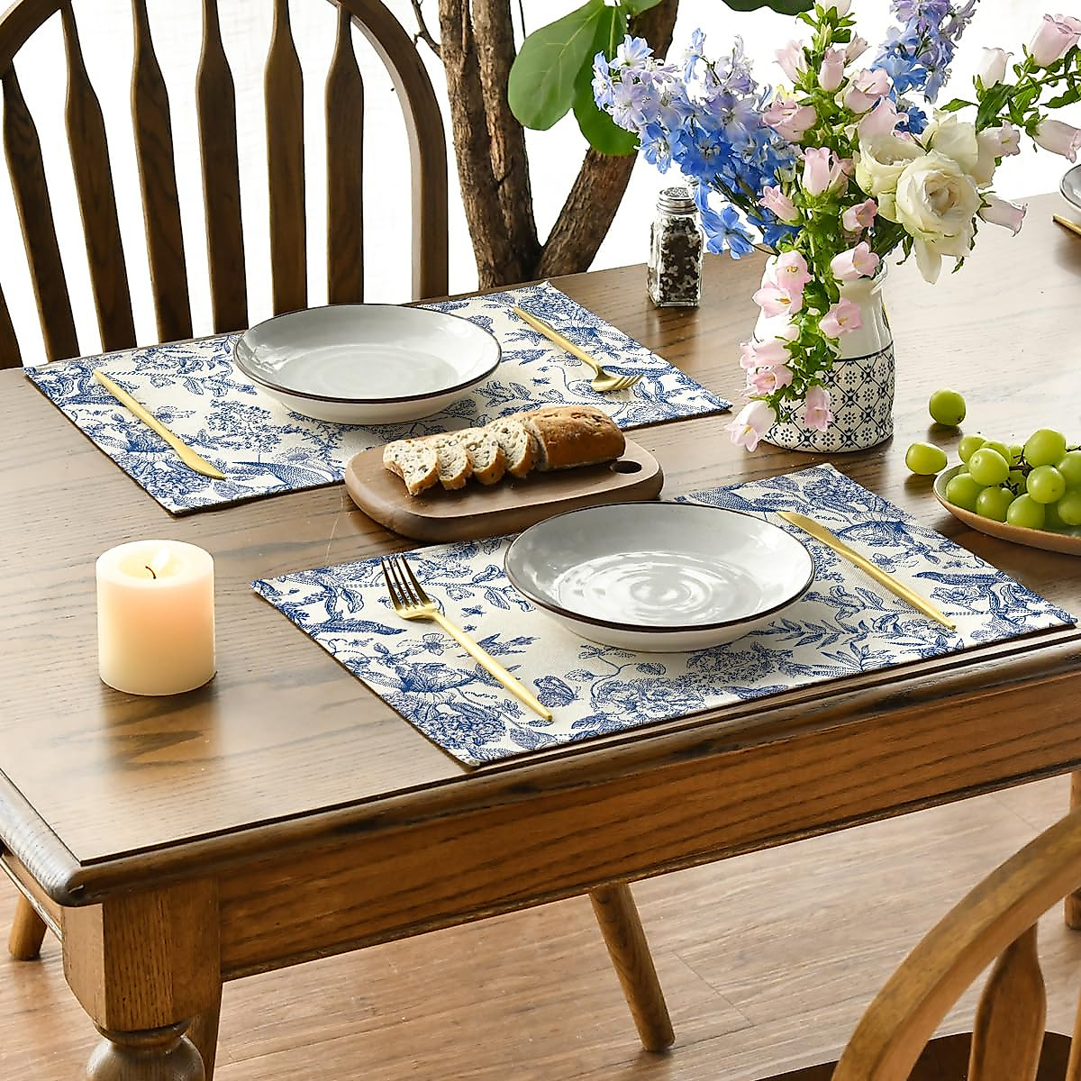 Artoid Mode Hydrangea Flowers Branches Chinoiserie Spring Placemats Set of 4, 12x18 Inch Table Mats for Party Kitchen Dining Decoration