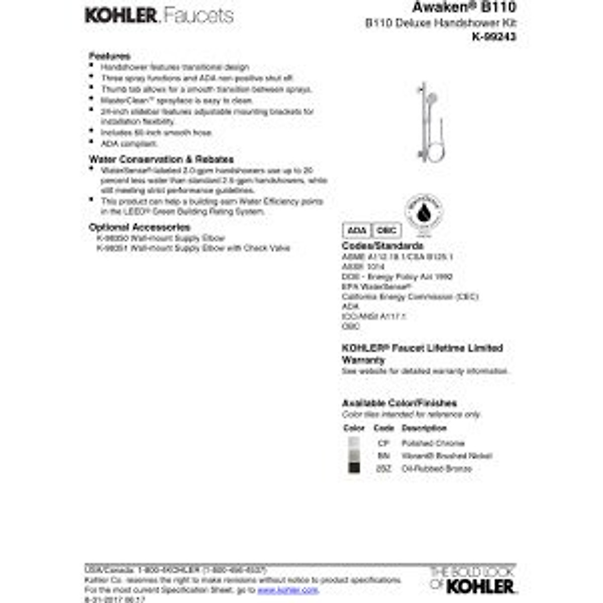 KOHLER K-99243-CP Awaken B110 Deluxe Slidebar Kit, Polished Chrome