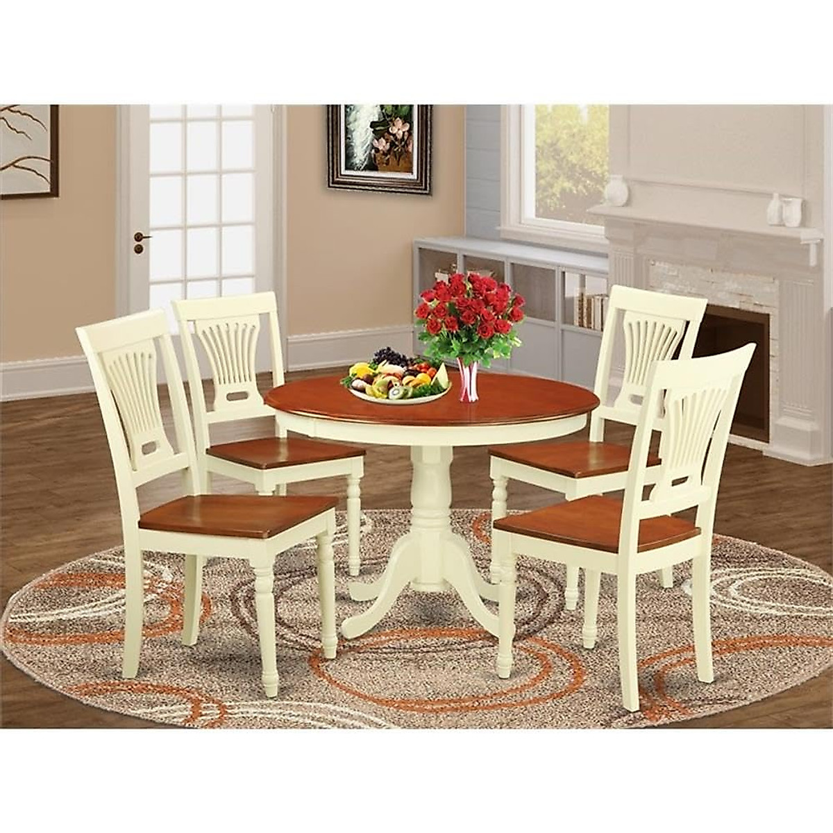 East West Furniture HLPL5-BMK-W 5 Piece Dining Room Furniture Set Includes a Round Kitchen Table with Pedestal and 4 Dining Chairs, 42x42 Inch, Buttermilk & Cherry