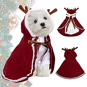 Dog Christmas Costume, Nobleza Pet Santa Reindeer Cape Outfit with Elk Antlers Hat, Soft and Thick Red Polar Fleece Cat Xmas Cloak Clothes for Cats and Large Dogs Holiday Cosplay Party